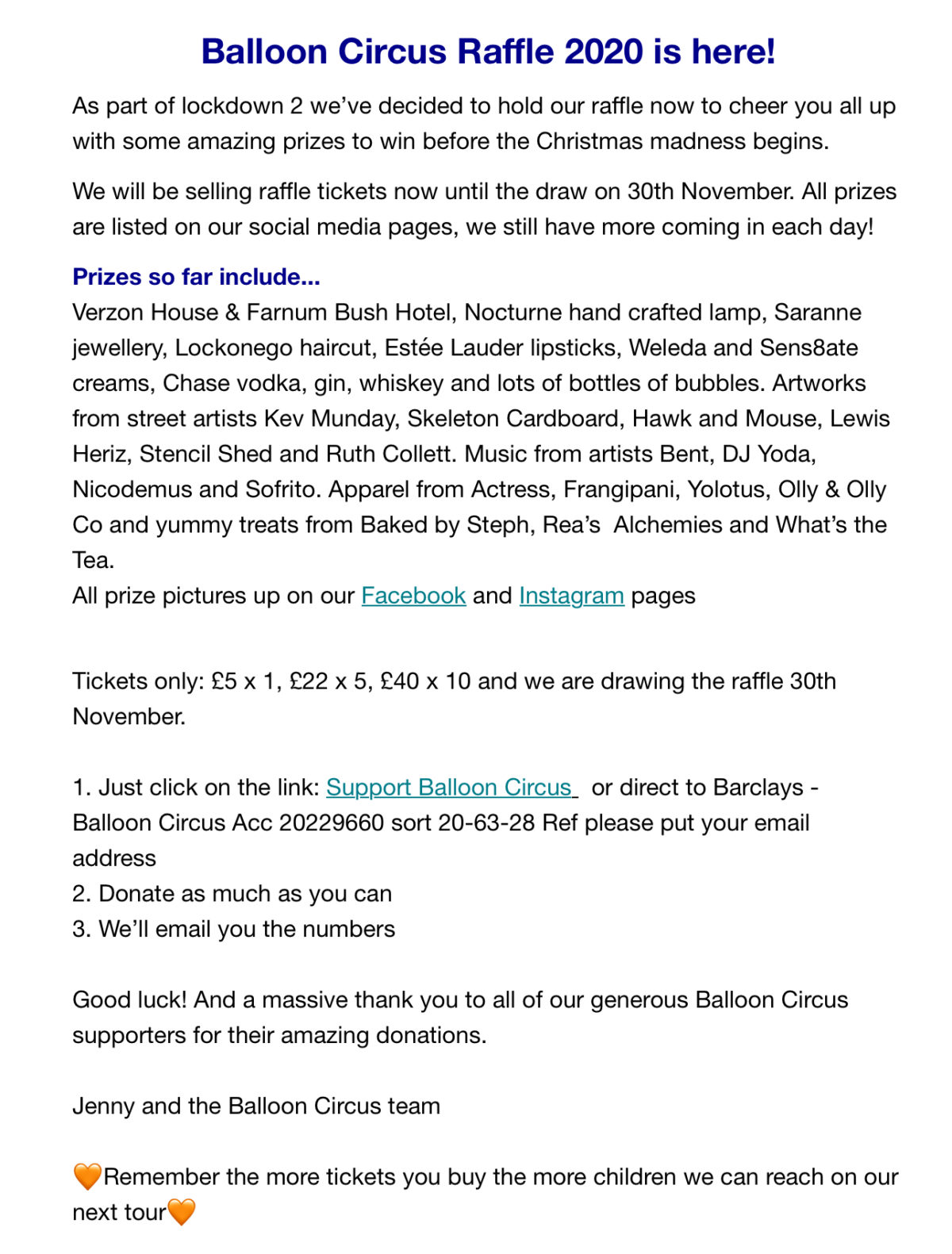 Balloon Circus Raffle 2020 - Balloon Circus